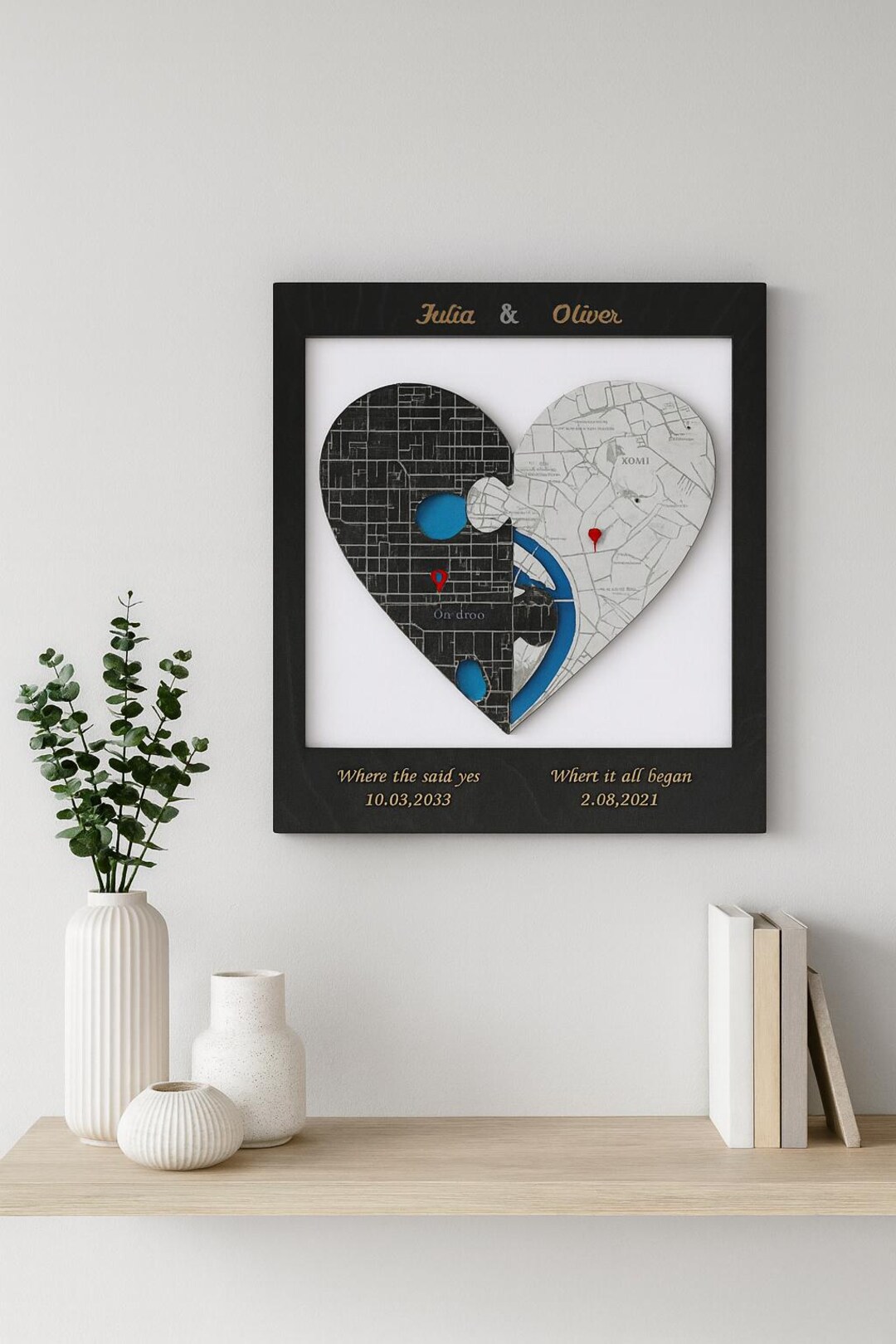 Long Distance Love Map — Personalized Wooden Heart With Two Locations ...