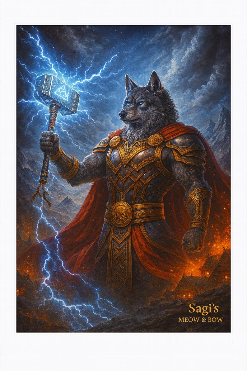 Thor Wolf God Art Print | Norse Mythology Lightning Decor (digital ...