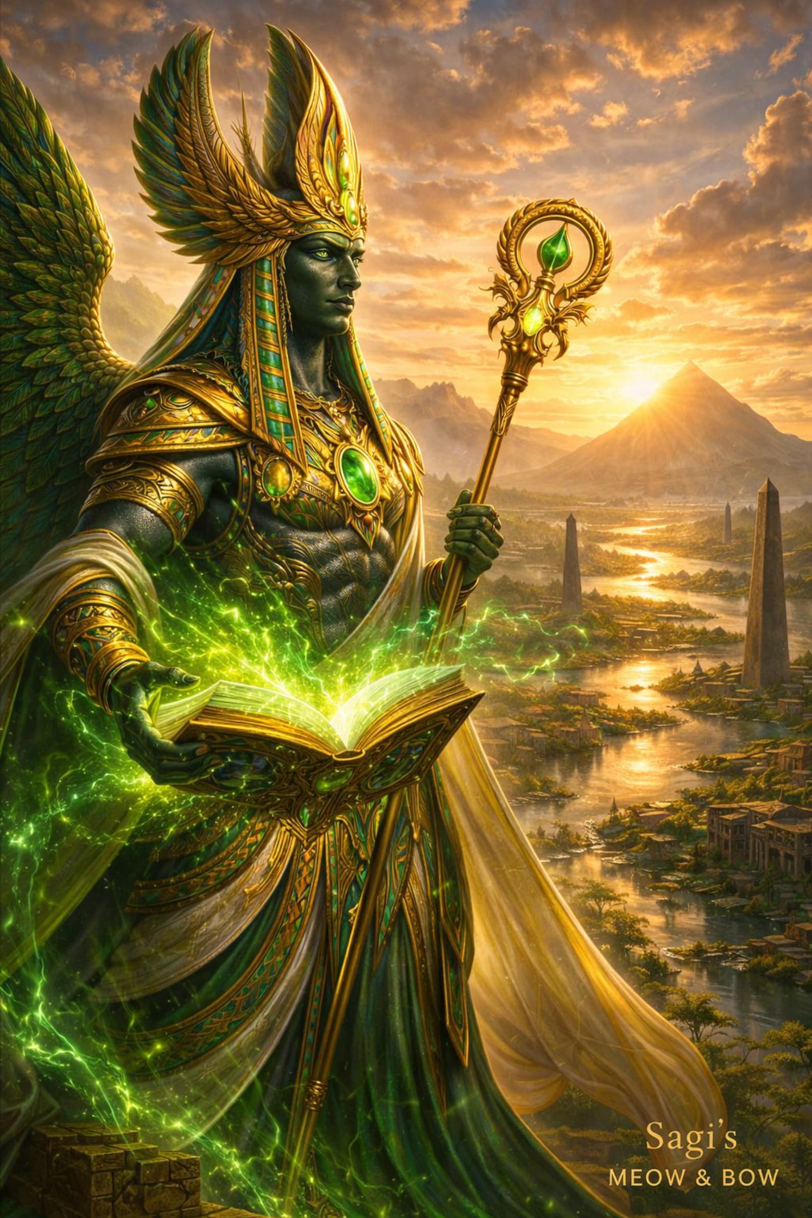 Osiris Egyptian God Wall Art Printable | Mythic Green Gold Fantasy Art ...