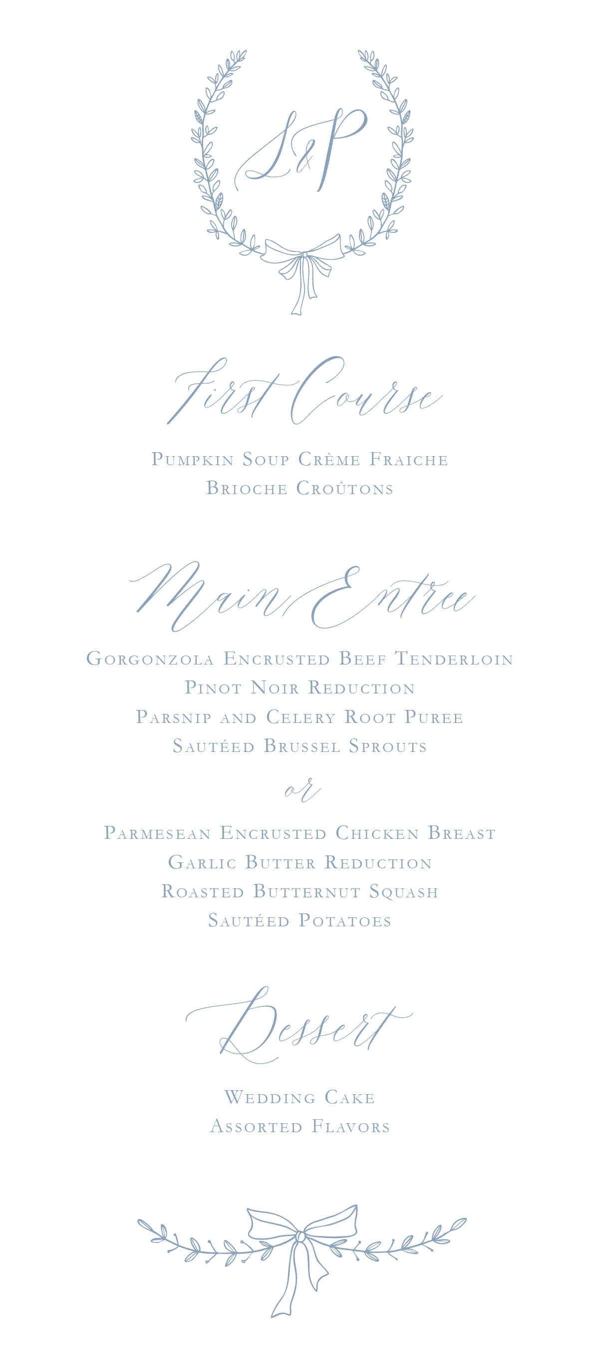 Wedding Dinner Reception Menu Laurel Wreath Monogram French Blue ...