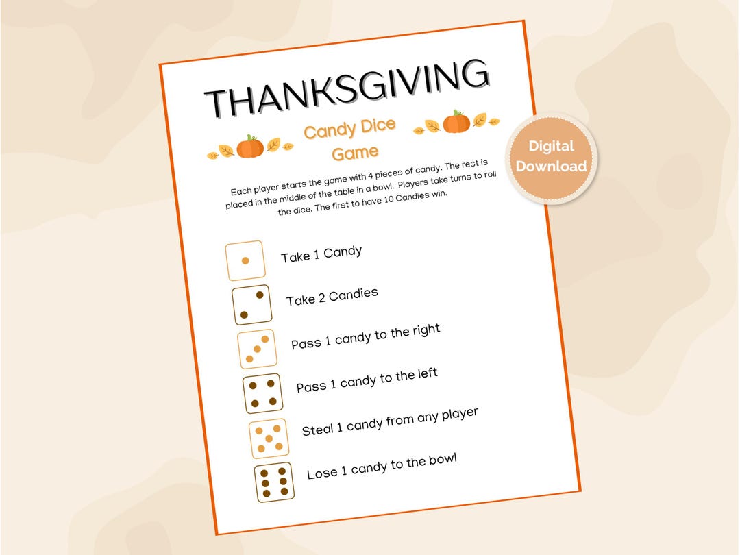 Thanksgiving Candy Dice Game, Thanksgiving Party Game, Kids Game ...