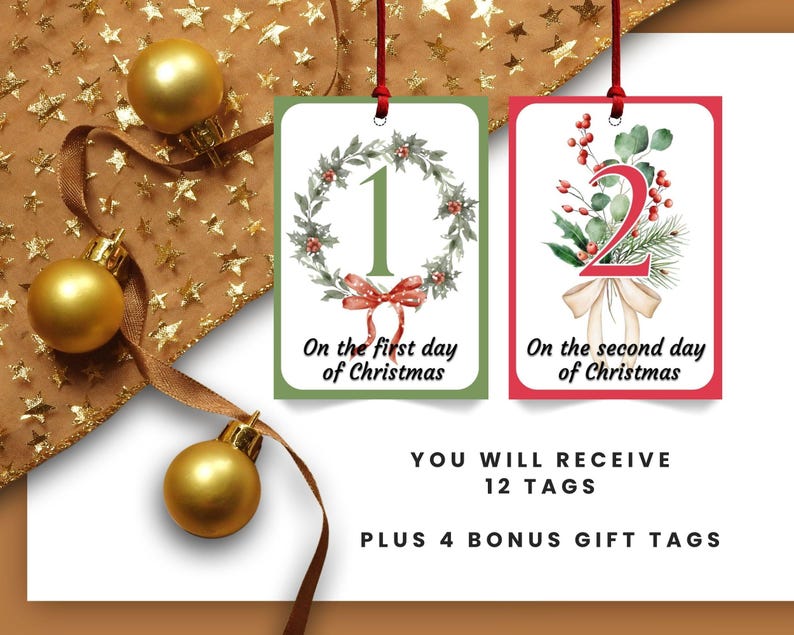 Printable 12 Days of Christmas Gift Tags, Twelve Days of Christmas Tags ...