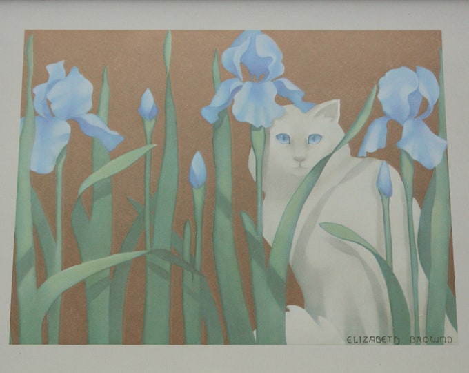 Vintage Framed Elizabeth Brownd Cat in Irises Litho Print 1982 - Etsy