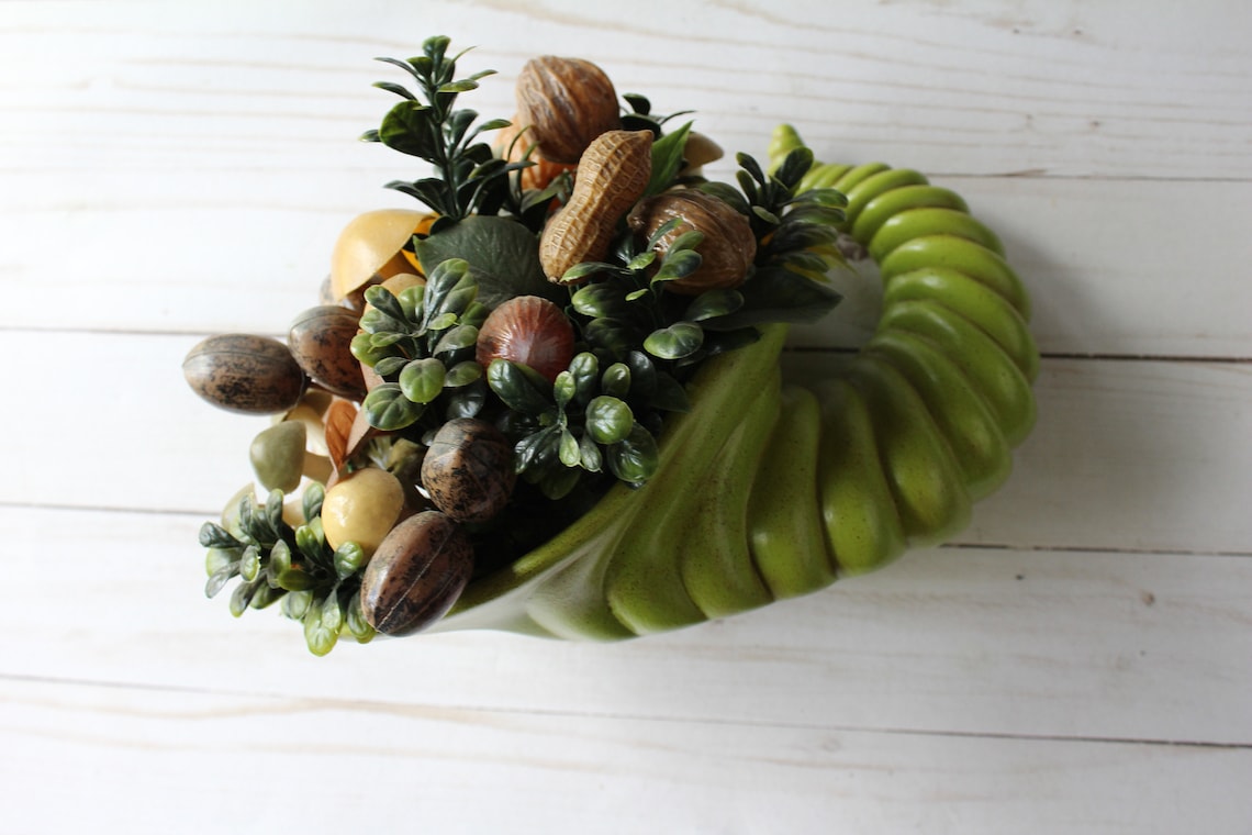 Vintage Green Ceramic Twisted Cornucopia of Mushrooms - Nuts - Greenery ...
