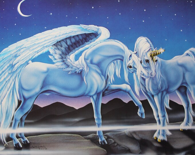 Vintage Sue Dawe Unicorn and Pegasus Wall Poster 1981 - Etsy