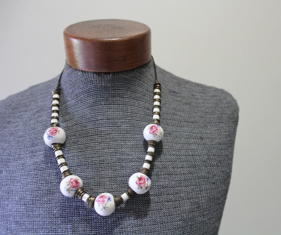 Vintage Ceramic Pink Flower Bead And Brass Bead State… - Gem