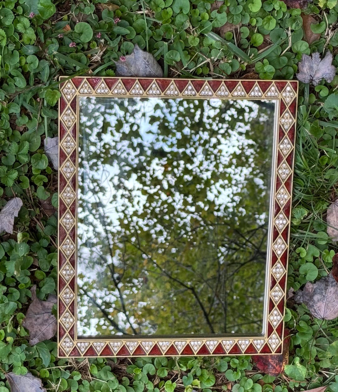 Vintage Enamel Jewel Diamond Pattern Framed Vanity Mirror Footed Tray ...