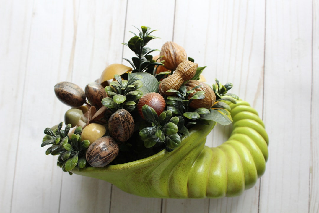 Vintage Green Ceramic Twisted Cornucopia of Mushrooms - Nuts - Greenery ...