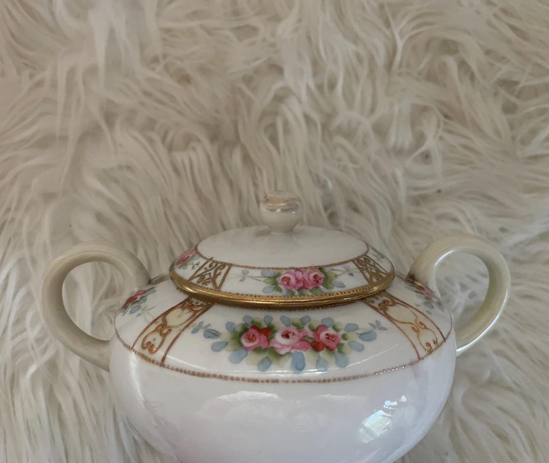 Vintage Nippon Bone China Rose Pattern Double Handle Footed Sugar Bowl ...