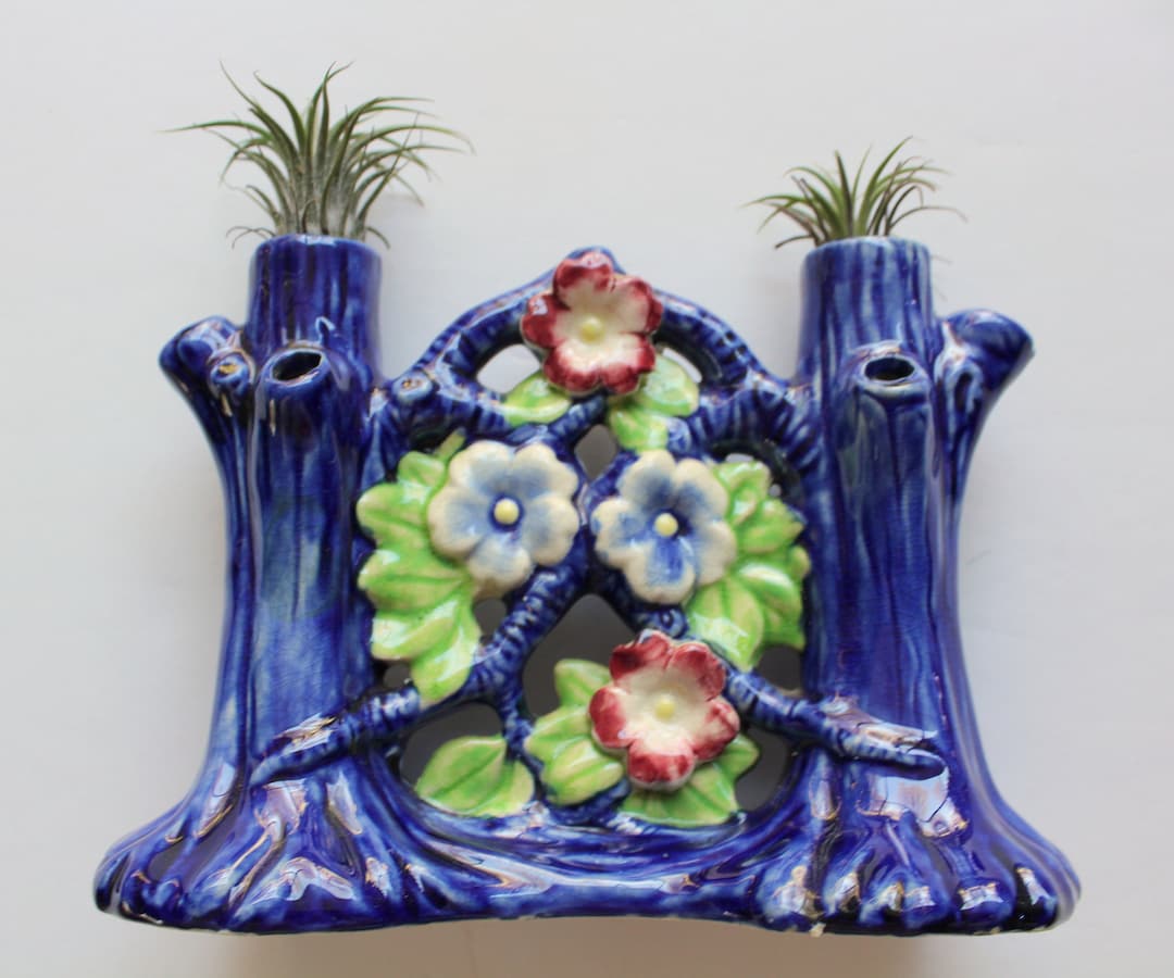 Vintage Blue Flowering Tree Trunk Multi-bud Vase Ceramic Pottery Made ...