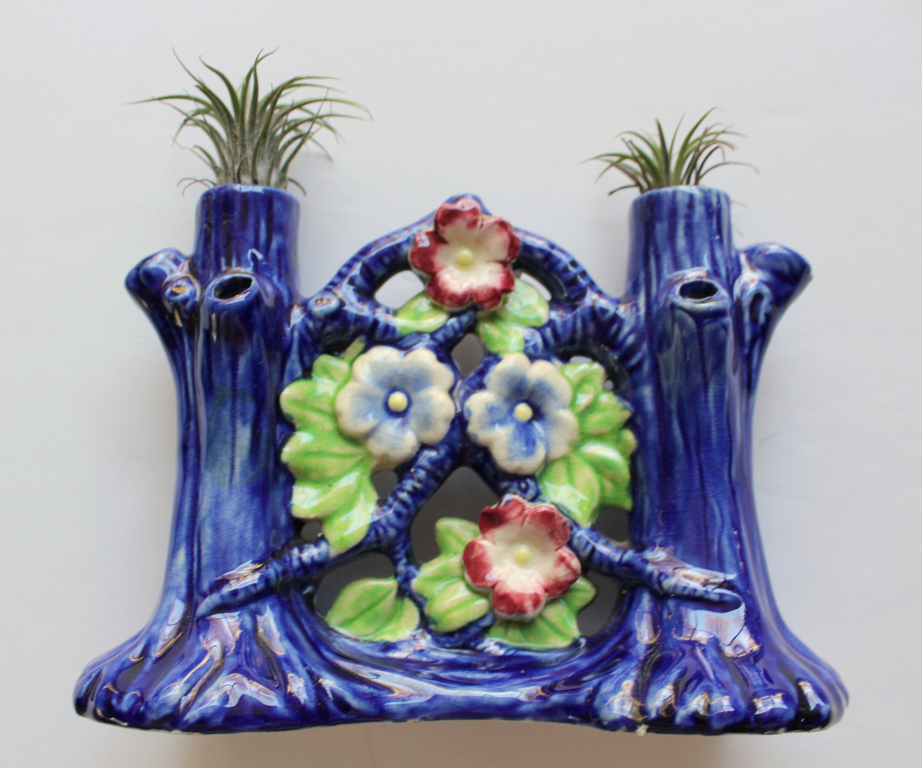 Vintage Blue Flowering Tree Trunk Multi-bud Vase Ceramic Pottery Made ...