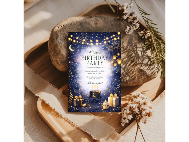 Night Theme Birthday Invitation, Starry Sky Party Invite, Editable ...