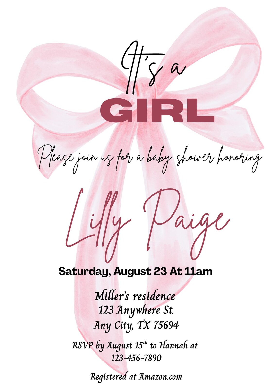 Pink Bow Baby Shower Invitation | It's A Girl Editable Template | Baby ...