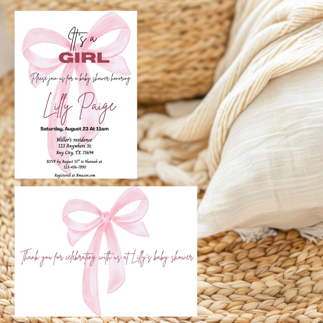 Pink Bow Baby Shower Invitation | It's A Girl Editable Template | Baby ...