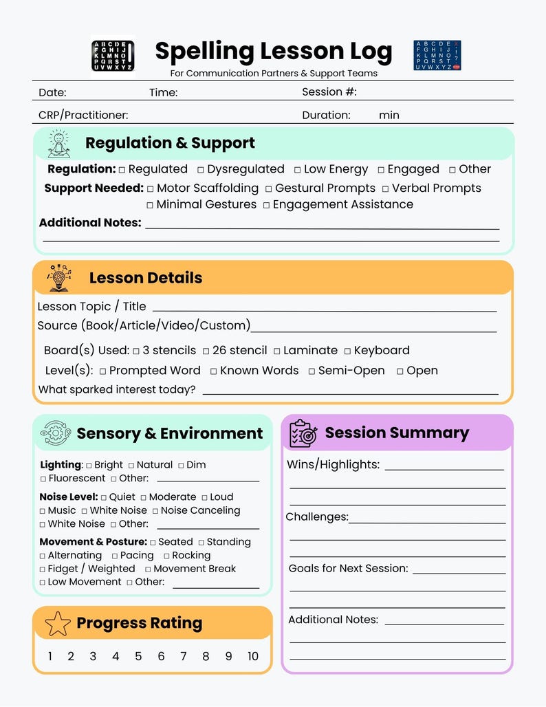 Spelling Lesson Log for Letter Board Communication Practitioners and ...