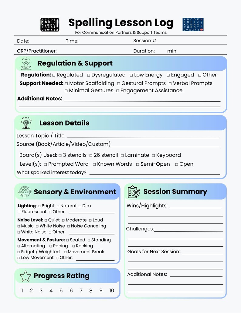 Blue - Spelling Lesson Log for Letter Board Communication Practitioners ...