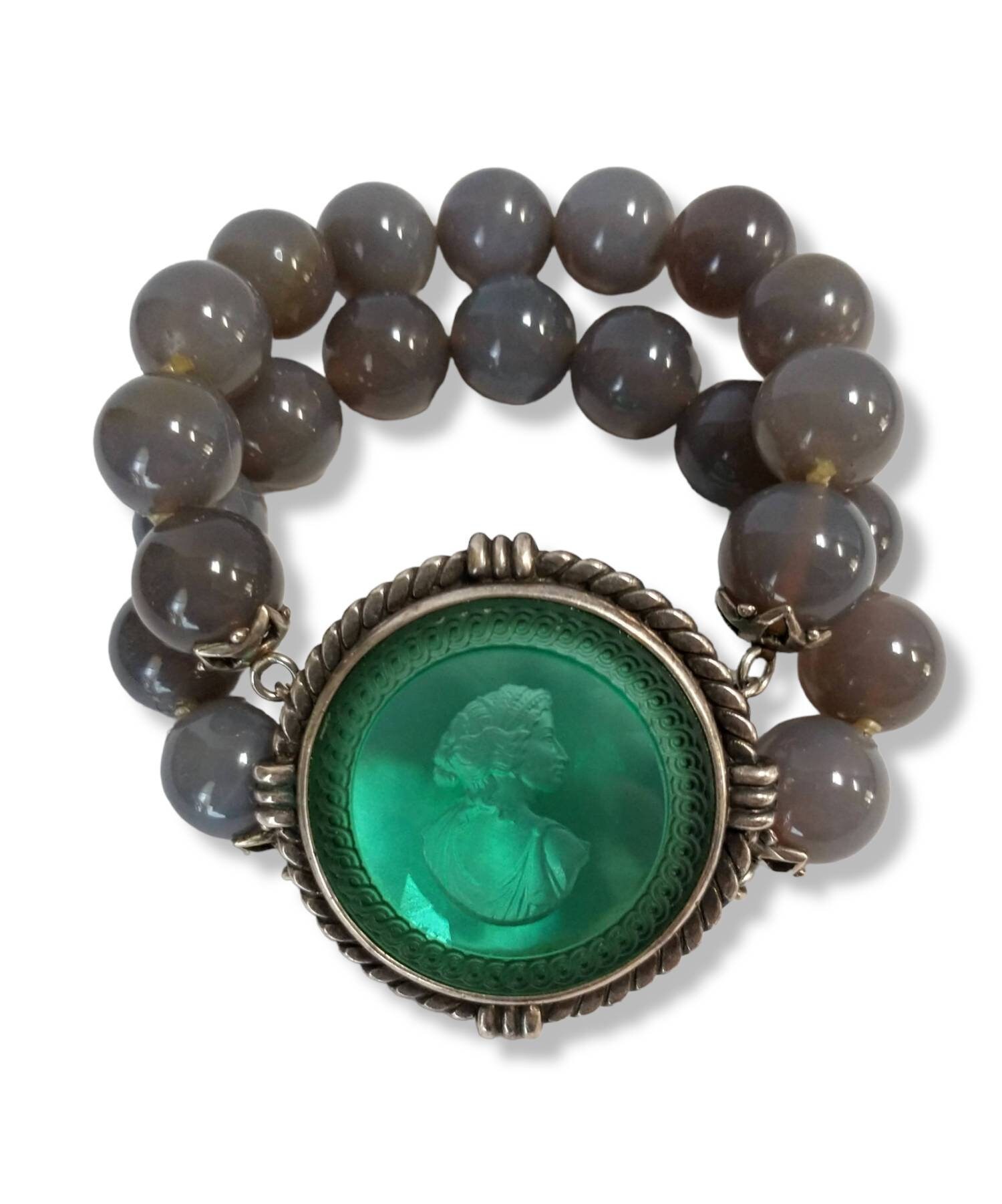 Extasia Intaglio Green Glass Cameo Genuine Amethyst Beaded Stretch ...