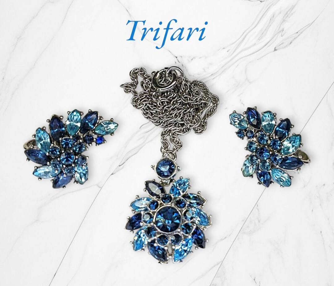 Crown Trifari "contessa" Pendant - Necklace & Earrings, Sapphire and ...