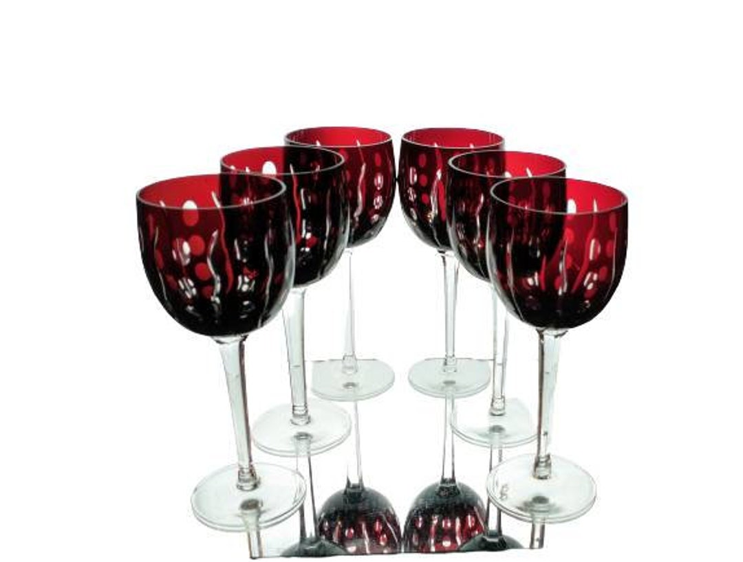 6 Tall Ruby Red Crystal Wine Glasses Cased Cut to Clear - Etsy