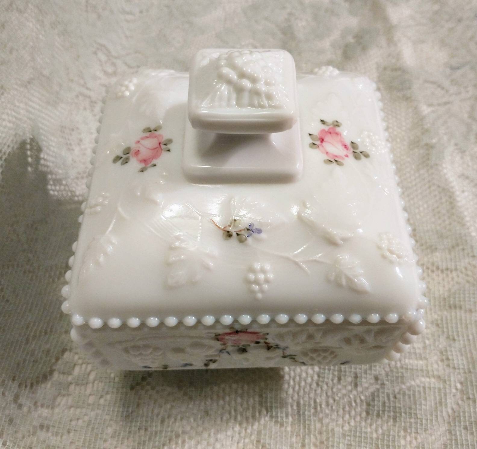 Westmoreland Glass Co. Roses and Bows Beaded Milk Glass Honey | Etsy