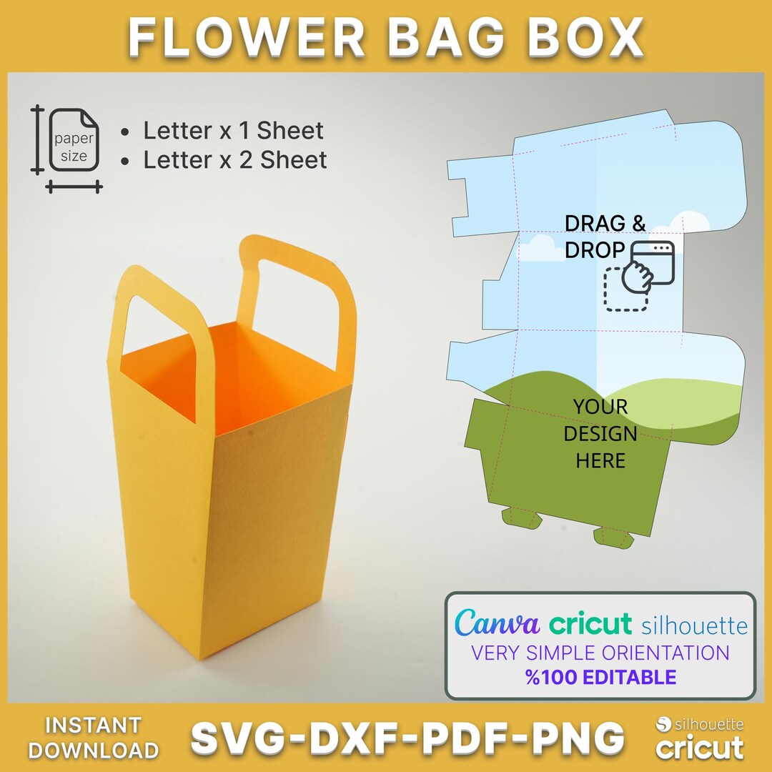 Flower Bag Box, Teplate, Paper Bag, Gift Box, File Bag Svg, Canva Box ...