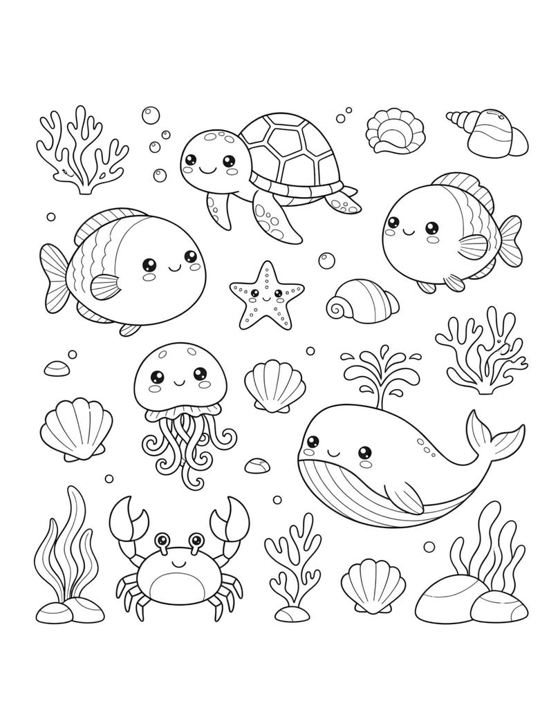 Kawaii Sea Animals Coloring Page | Ocean Life Activity (digital ...
