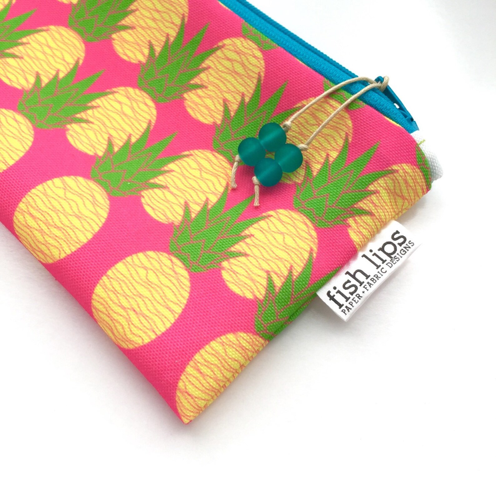 Pineapples Recycled Zipper Pouch, Designer Storage Bag + Glass Bead ...