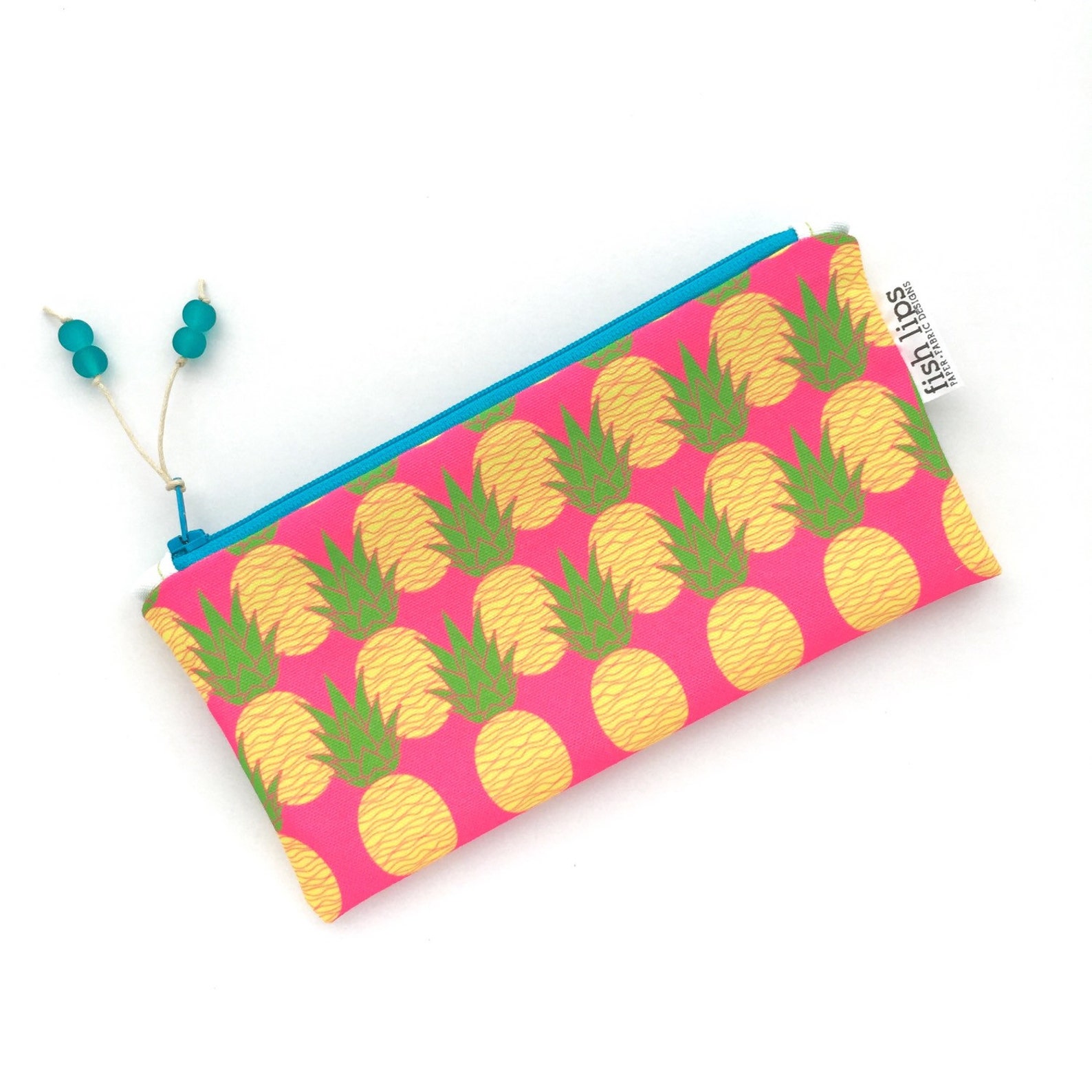 Pineapples Recycled Zipper Pouch, Designer Storage Bag + Glass Bead ...