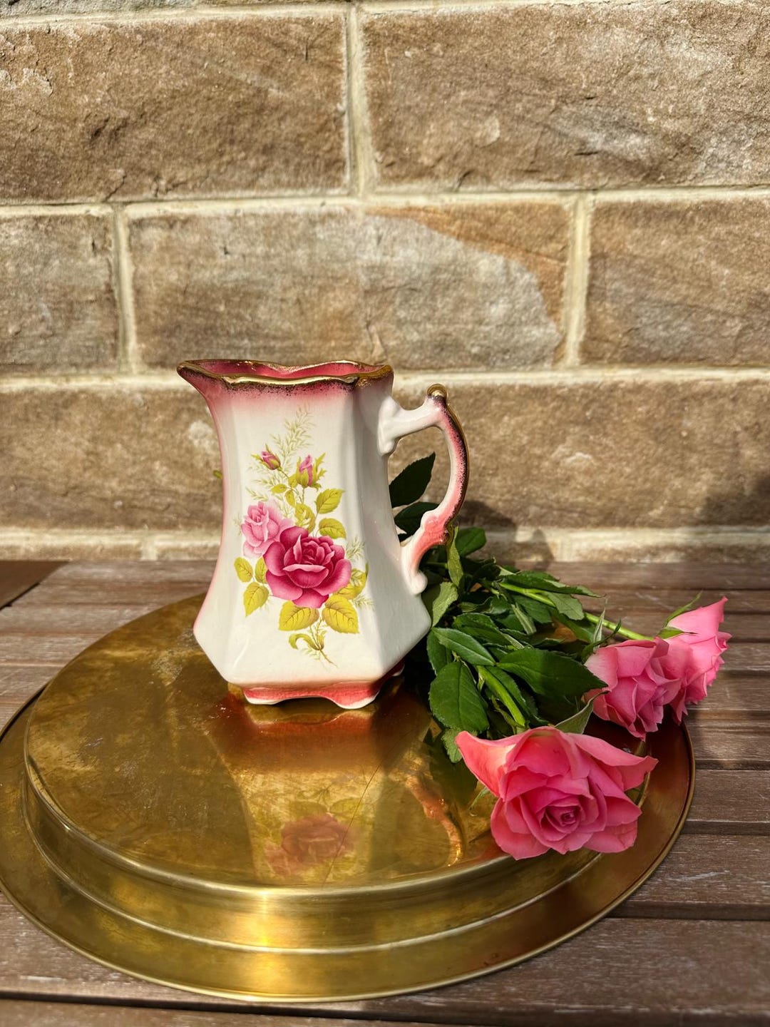 Vintage Staffordshire Ironstone Pitcher Bow | Set Pink Rose Floral Gold ...
