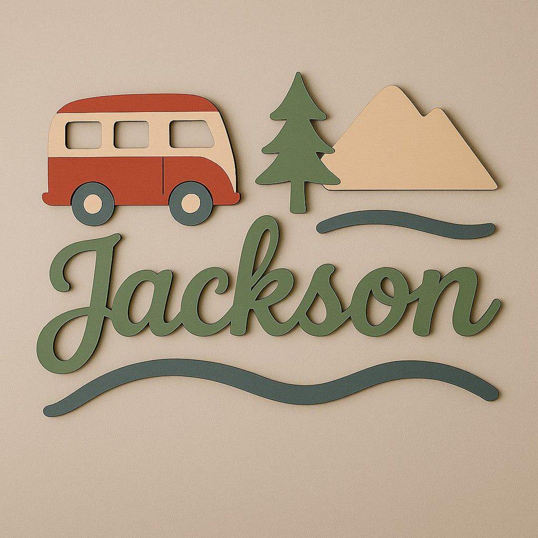 Camper Van Nursery Name Sign, Above Crib Wooden Sign, Personalized Baby ...