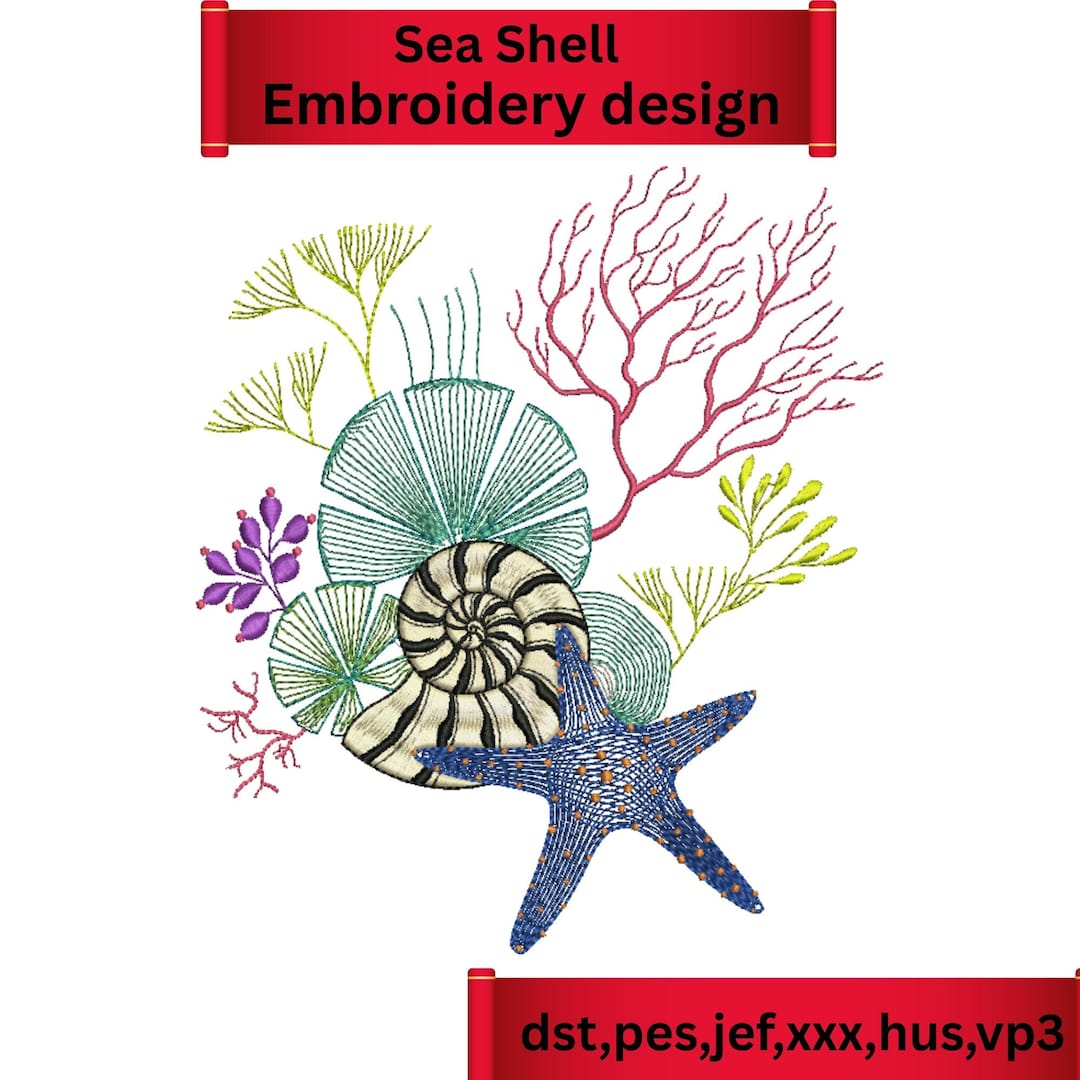 Seashell Embroidery Design, Triple Seashell Embroidery, Sea Embroidery ...