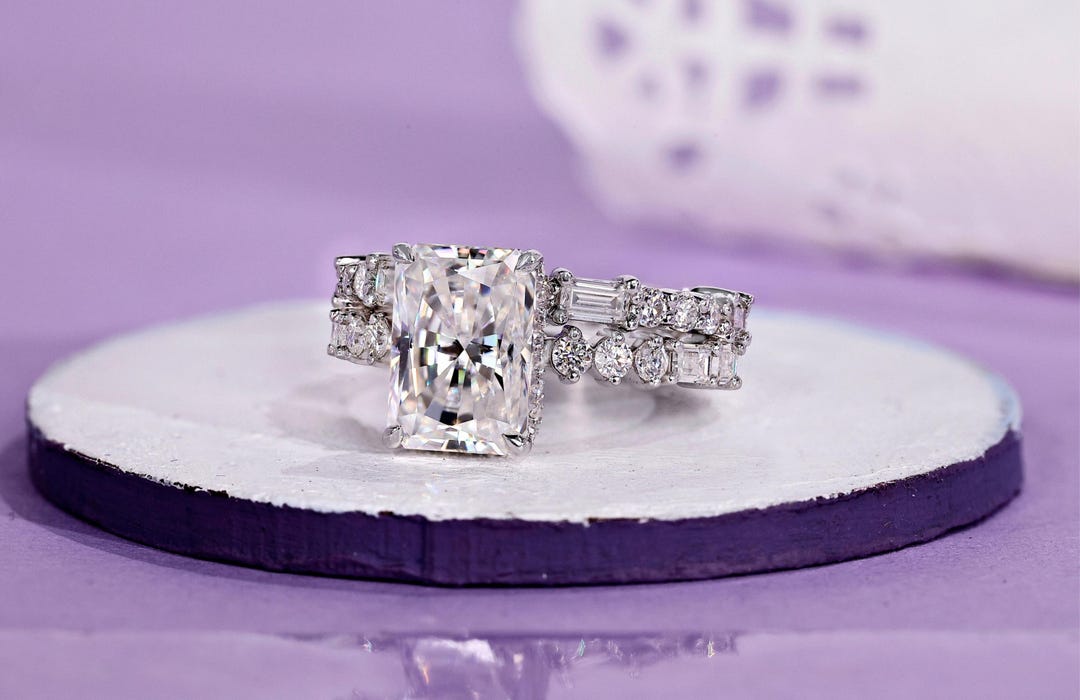 2.5 CT Elongated Radiant Cut Lab Grown Diamond Bridal Ring Set, Hidden ...