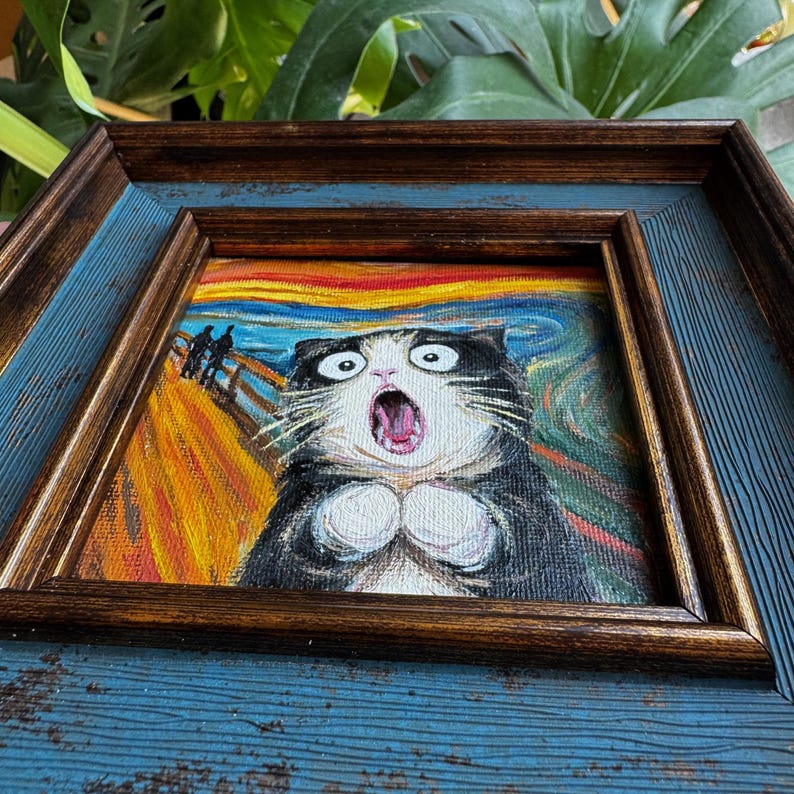 The Screaming Cat, Handmade Framed Mini Oil Painting 4x4 - Etsy