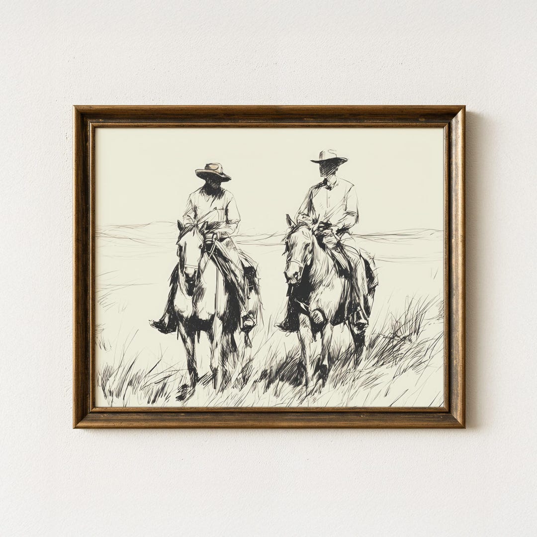 Cowboys on Horses Sketch Sketch Print | Western Wall Art | Vintage ...