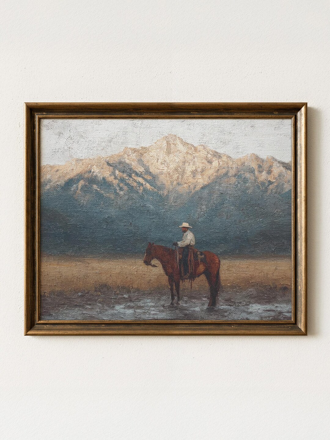 Vintage Cowboy Painting Print | Western Mountain Landscape Wall Art ...