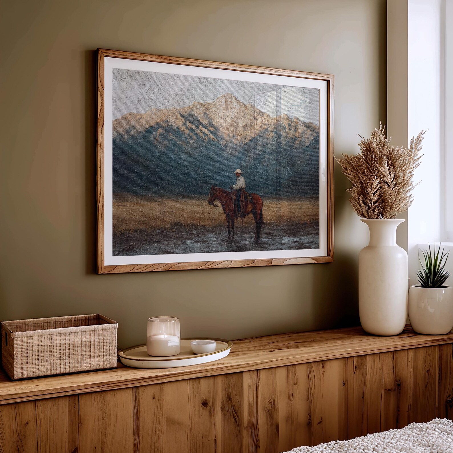 Vintage Cowboy Painting Print | Western Mountain Landscape Wall Art ...