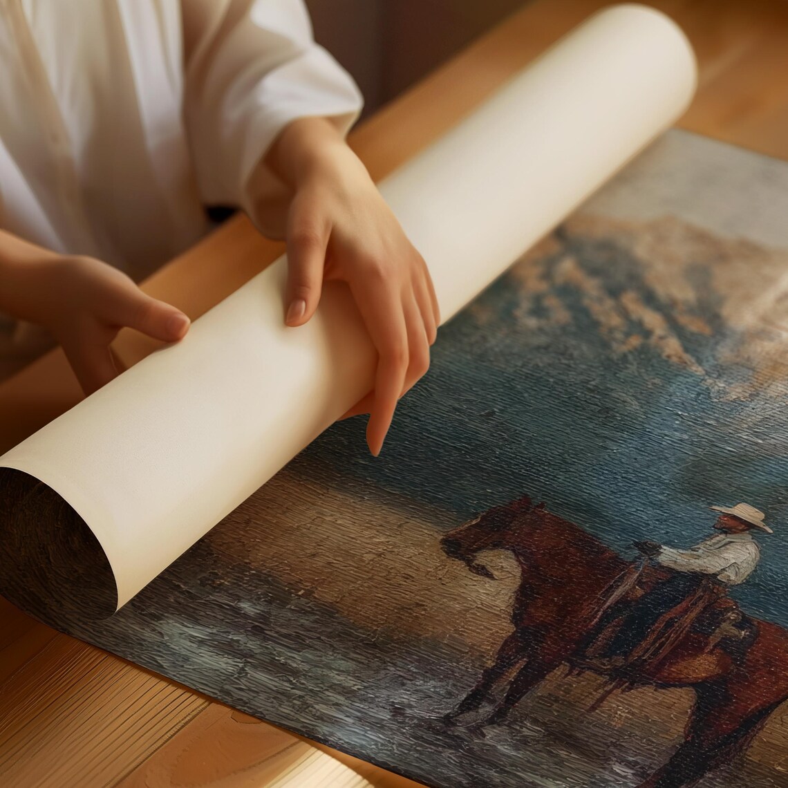 Vintage Cowboy Painting Print | Western Mountain Landscape Wall Art ...