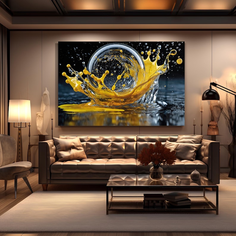 Horizontal Glass Wall Art Yellow Splash Decor Large Tempered Glass ...