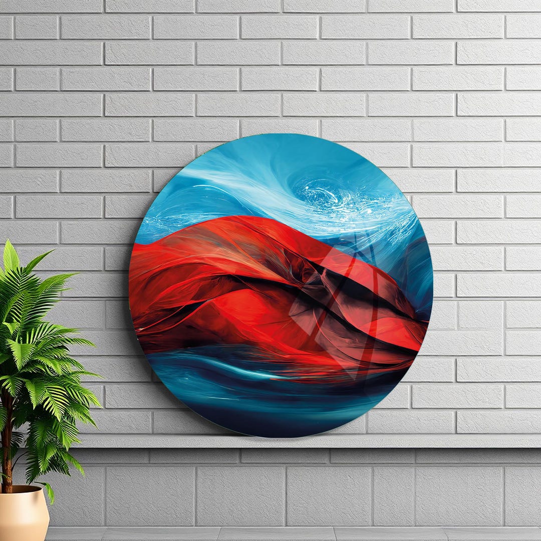 Round Glass Wall Art Red Blue Abstract Decor Large Circle Tempered ...