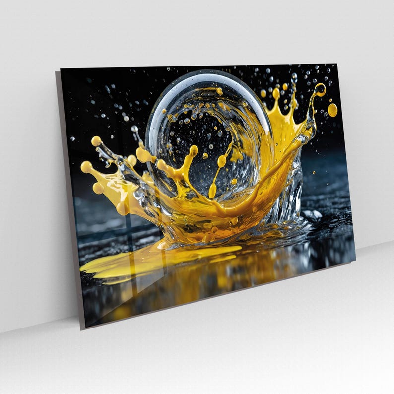 Horizontal Glass Wall Art Yellow Splash Decor Large Tempered Glass ...