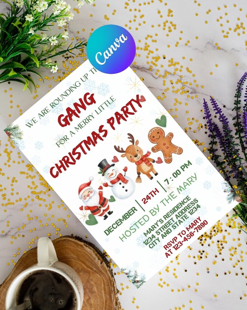 Watercolor Christmas Party Invitation, Festive Reindeer, Editable Canva ...