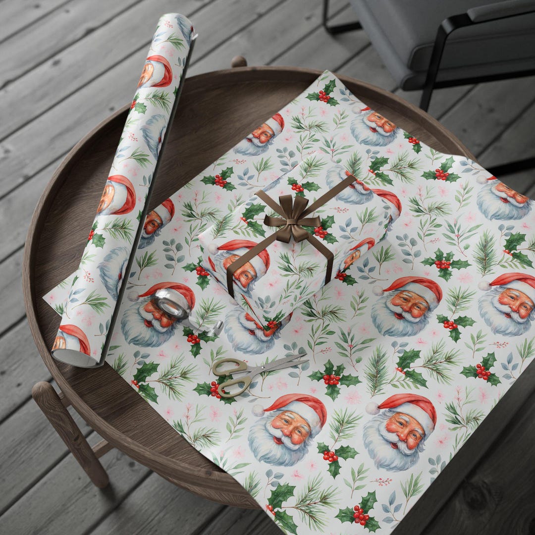 Santa Christmas Wrapping Paper, Vintage Holiday Gift Wrap With Holly ...