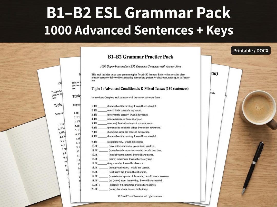 B1–B2 Advanced ESL Grammar Pack | 1000 Sentences + Answer Keys ...