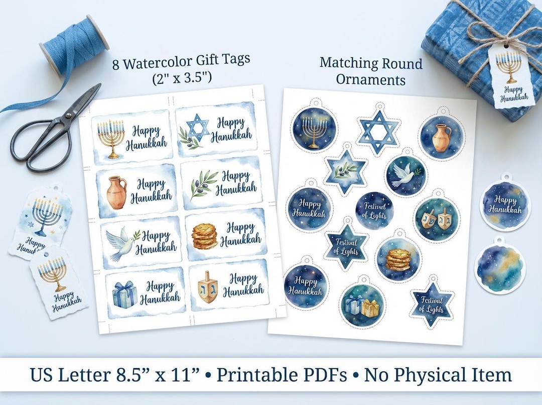 Hanukkah Gift Tags Watercolor Printable, Happy Hanukkah Blue Gold Gift ...