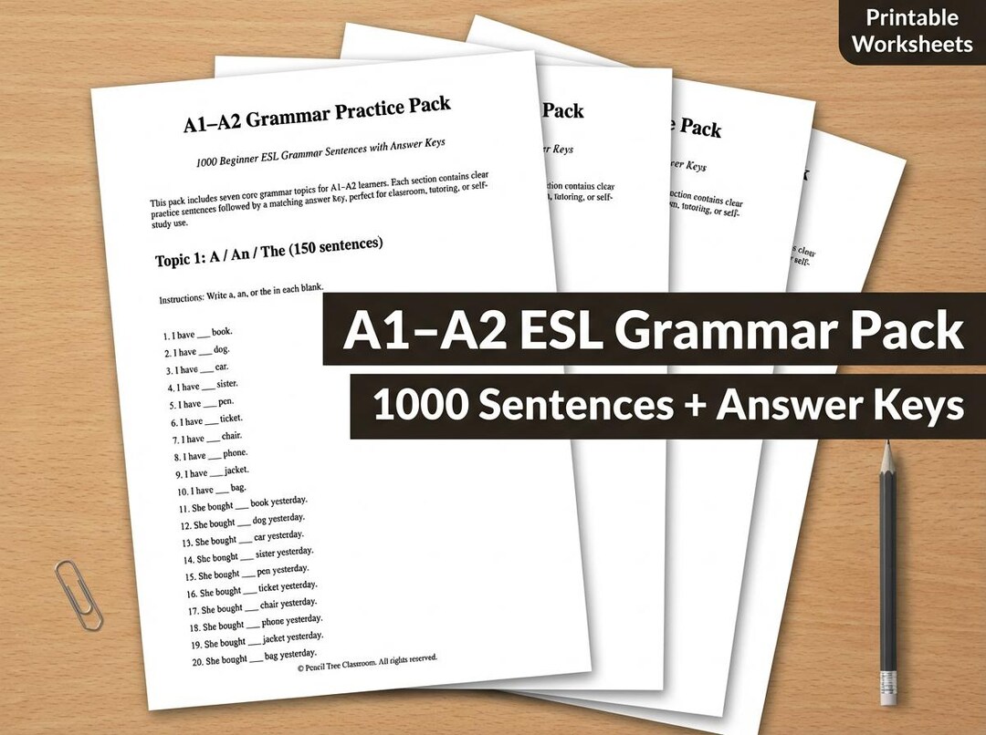ESL Grammar Worksheets – A1-A2 English Practice, 1000 Sentences ...