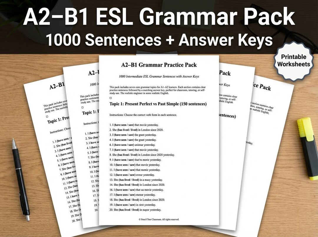 A2–B1 ESL Grammar Worksheet Pack | 1000 Sentences + Answer Keys ...