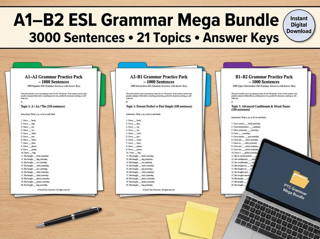 ESL Grammar Worksheets A1-B2 – 3000 Sentences, Answer Keys (digital ...