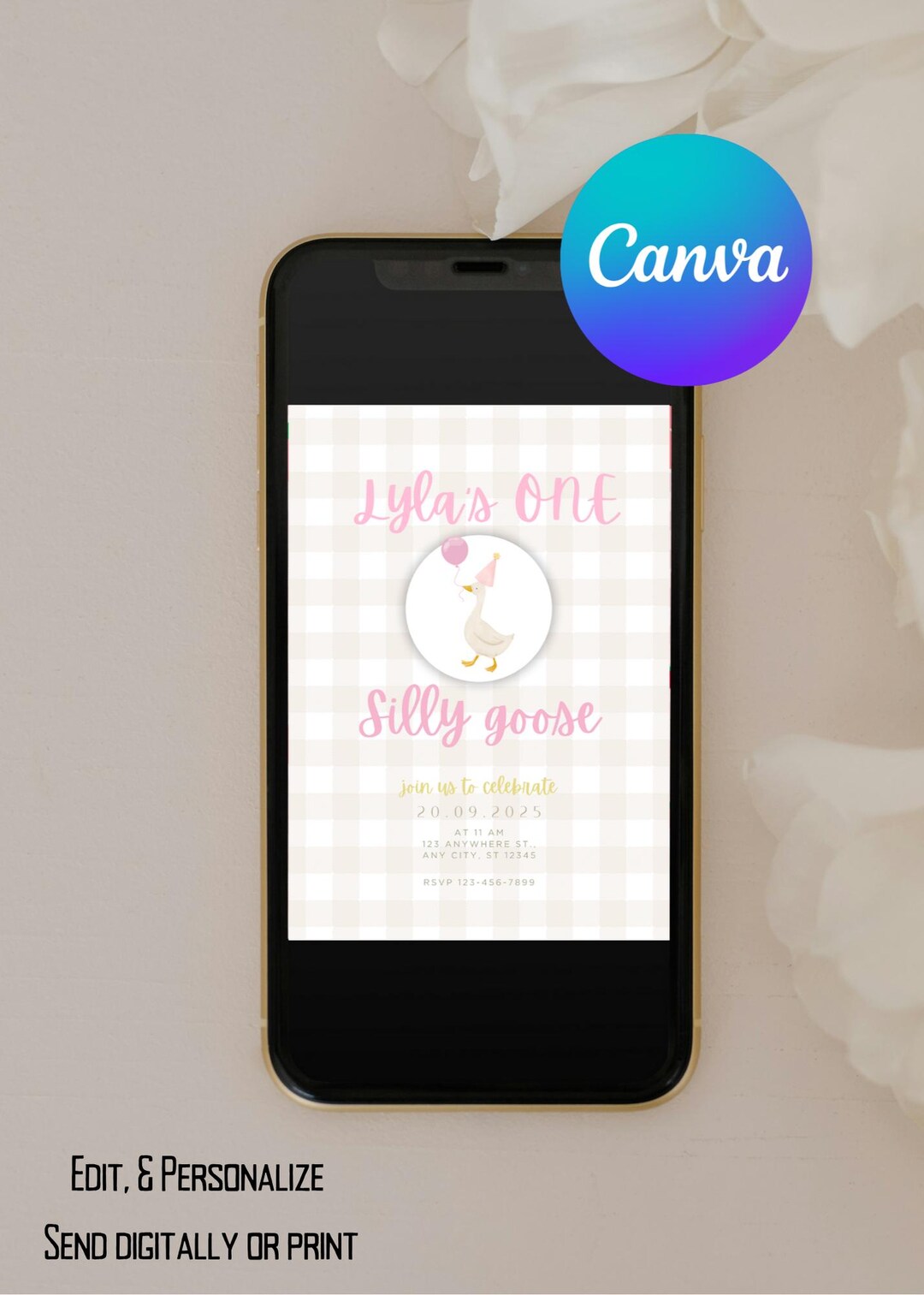 One Silly Goose Birthday Invitation: Boho Plaid Canva Template (digital ...
