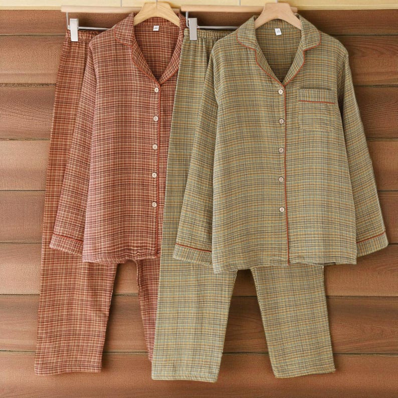 Organic Cotton Plaid Pajama Set Women’s Loungewear Soft Sleepwear Long ...