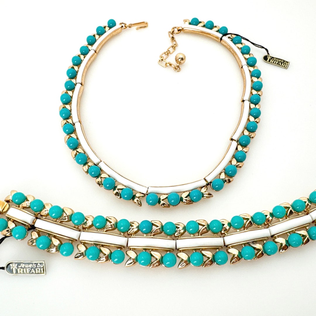 Trifari Necklace Set, Trifari Bracelet Set, Blue and White Gold Tone ...